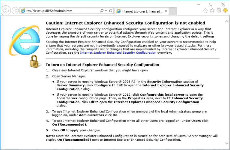 Disable Enhanced Security Configuration for Internet Explorer in Windows