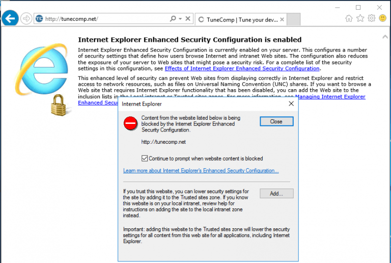 Disable Enhanced Security Configuration for Internet Explorer in Windows